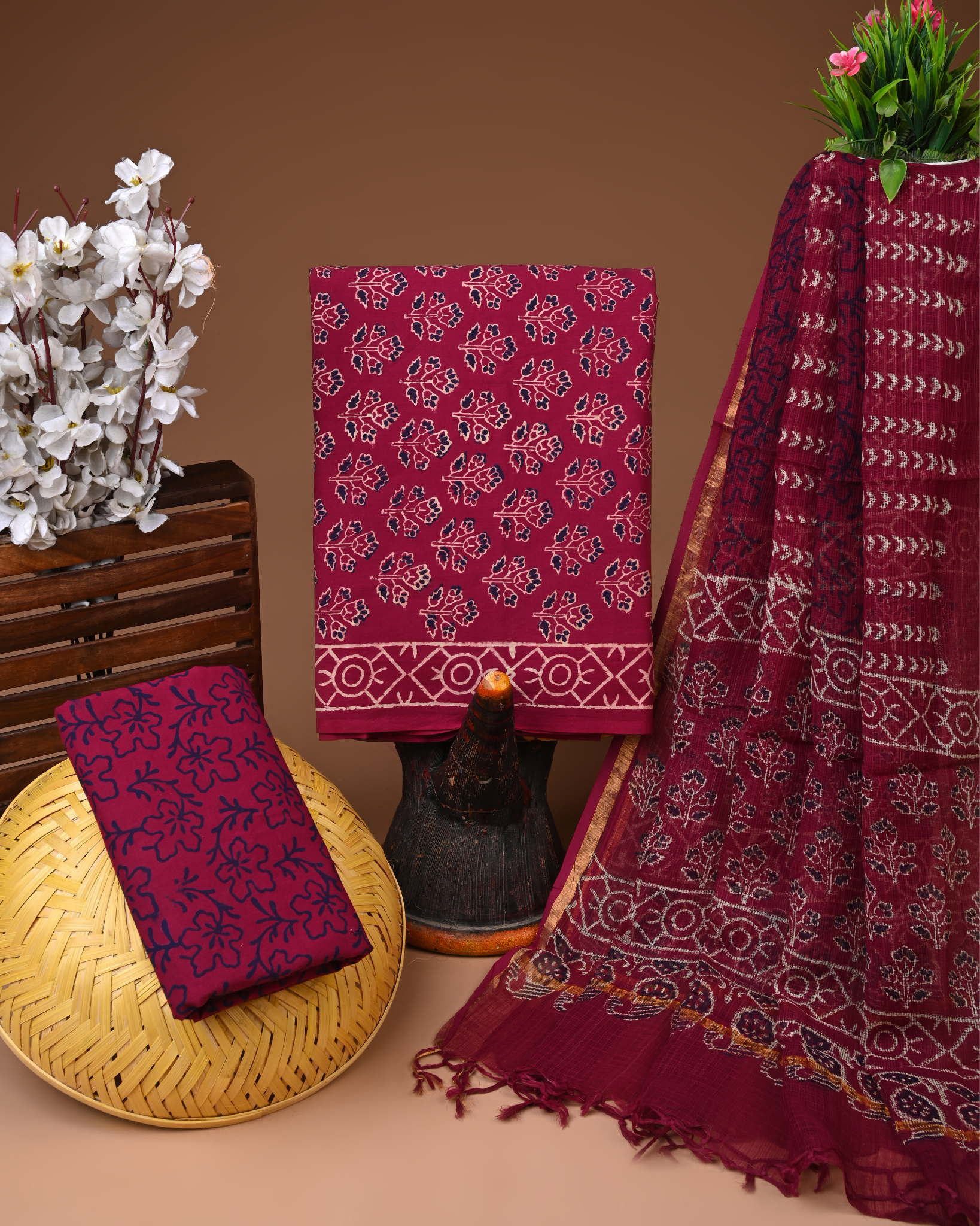 MAROON- BAGRU HAND BLOCK PRINTED COTTON SUIT SET WITH KOTA DUPATTA 29 ...